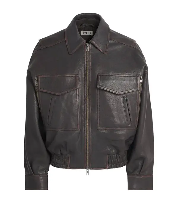Staud Eugene Distressed Leather Bomber Jacket