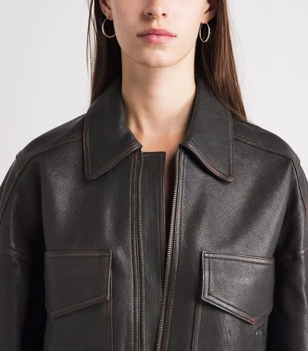 Staud Eugene Distressed Leather Bomber Jacket