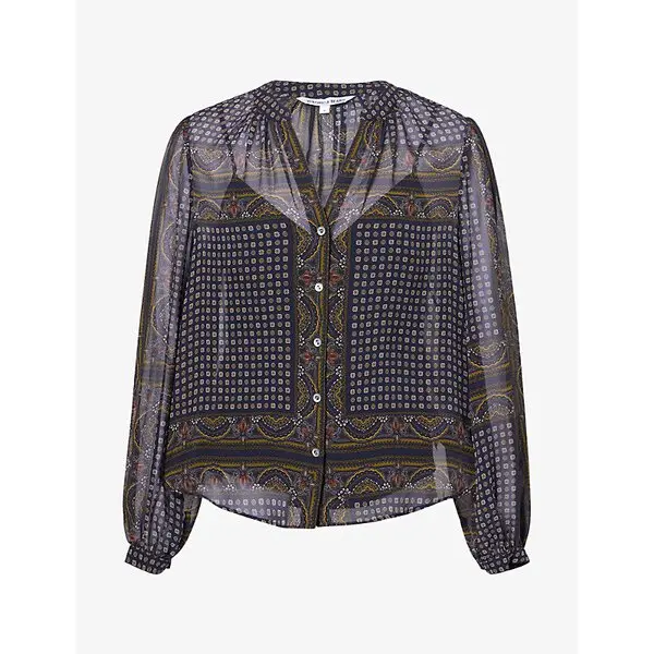Veronica Beard Scarf-print V-neck Silk Blouse - Heritage Navy Multi