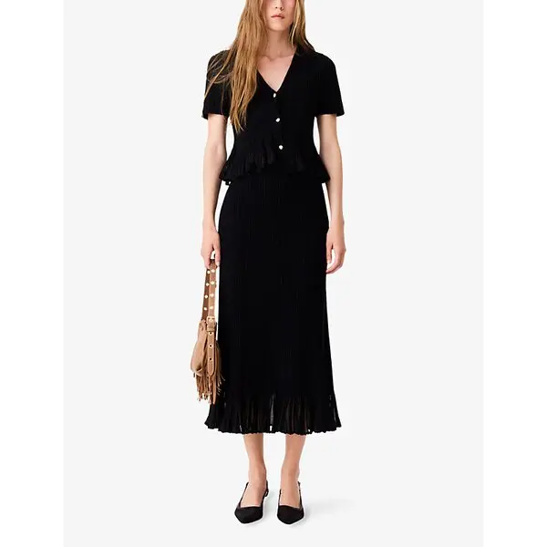 Maje Pleated Peplum-hem Knitted Midi Skirt