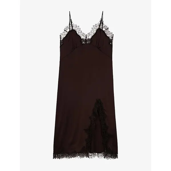 Maje Sleeveless Lace-trim Midi Slip Dress - Dark Brown