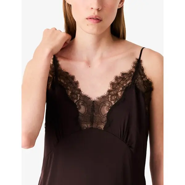 Maje Sleeveless Lace-trim Midi Slip Dress - Dark Brown