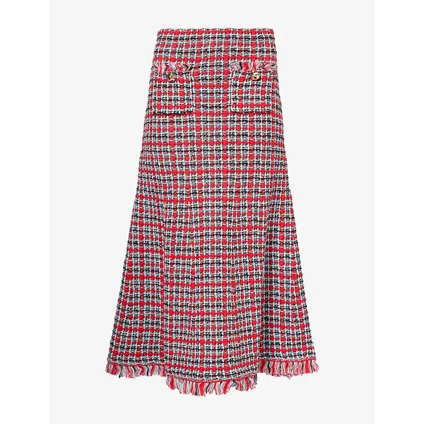 SELF-PORTRAIT Checked Cotton-knit Midi Skirt - Red