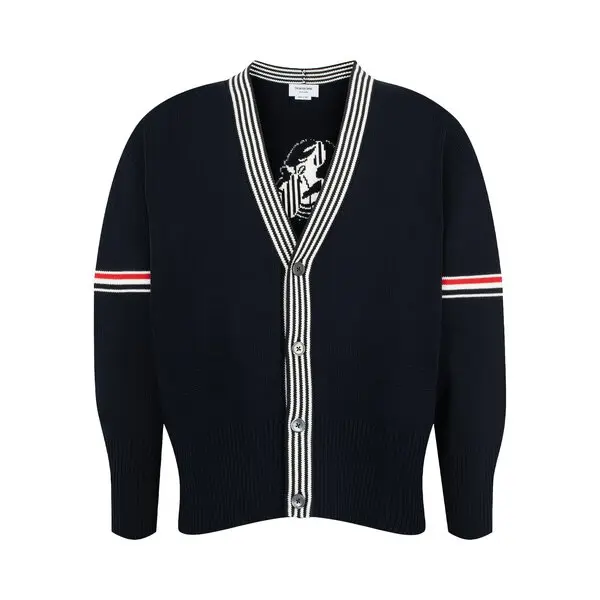 Thom Browne Lobster Jersey Stitch V Neck Cardigan In Cotton With Rwb Stripe - Blue