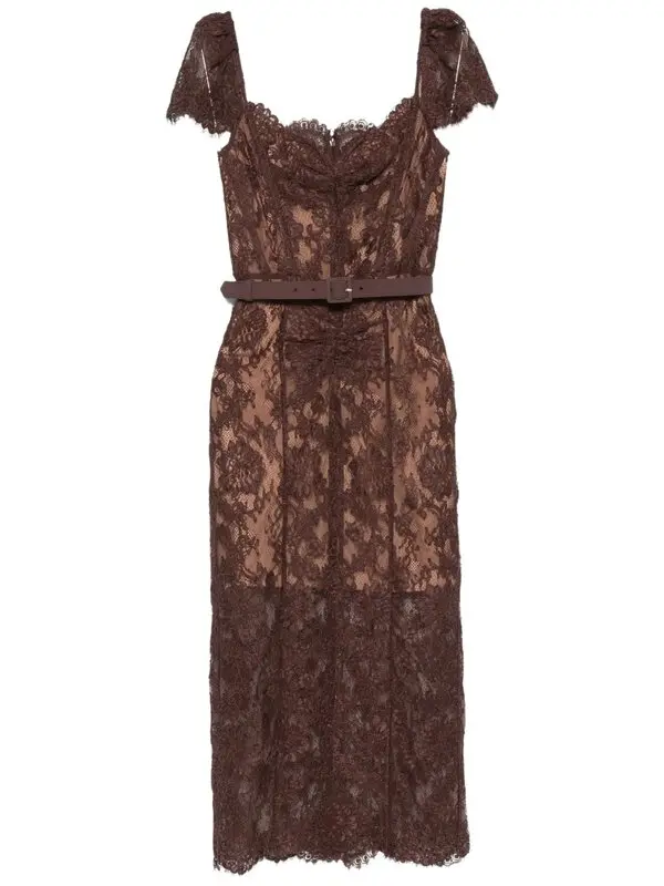 SELF-PORTRAIT Lace Belted Maxi Dress - Brown