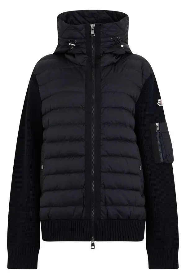 Moncler Padded Quilted Hooded Jacket With Knit Sleeves - Black