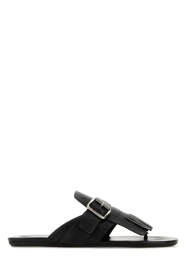 Prada Leather Thong Sandals With Buckle And Fringe - Black