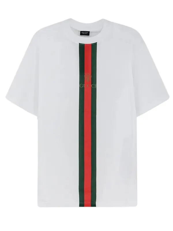 Gucci Cotton T-shirt With Web Ribbon And Crest Print