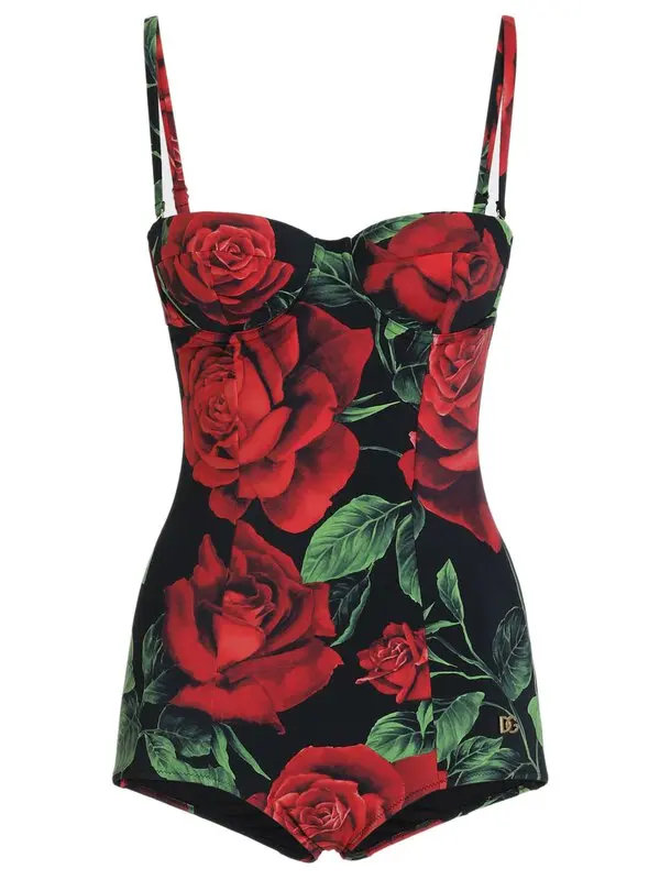 Dolce & Gabbana Rose Print Balconette Swimsuit - Nero