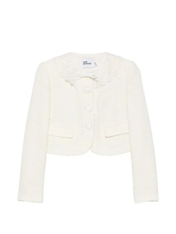 SELF-PORTRAIT Lace Collar Cropped Tweed Jacket - White