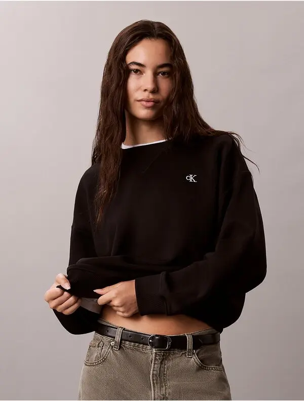 Calvin Klein Monogram Logo Fleece Crewneck Sweatshirt - Black