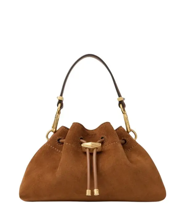 JIMMY CHOO Suede Shoulder Bag With Drawstring Closure - Tan/gold