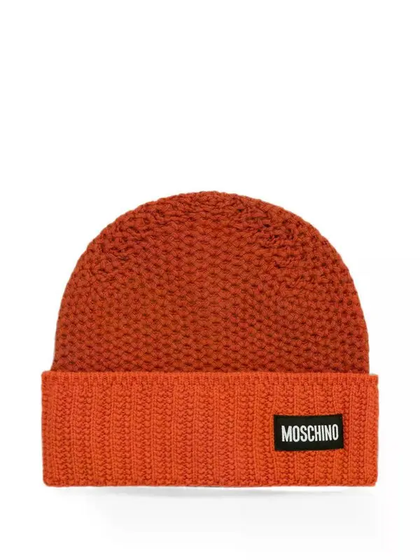 Moschino Patch Chunky Knit Wool Beanie - Orange