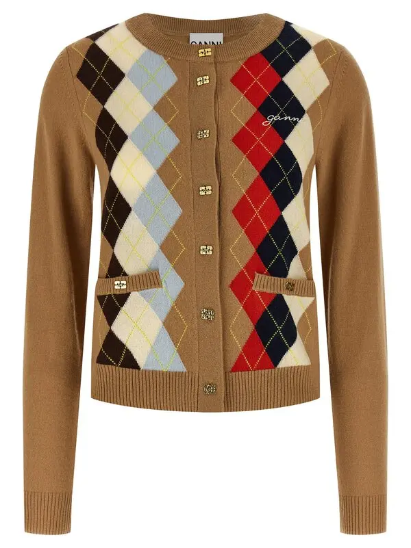 GANNI Argyle Cashmere Blend Cardigan - Cream