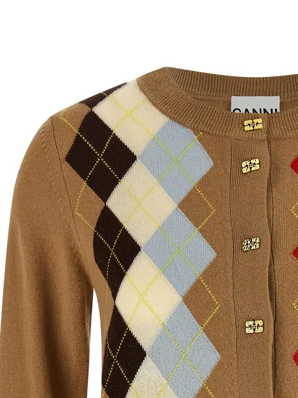 GANNI Argyle Cashmere Blend Cardigan - Cream