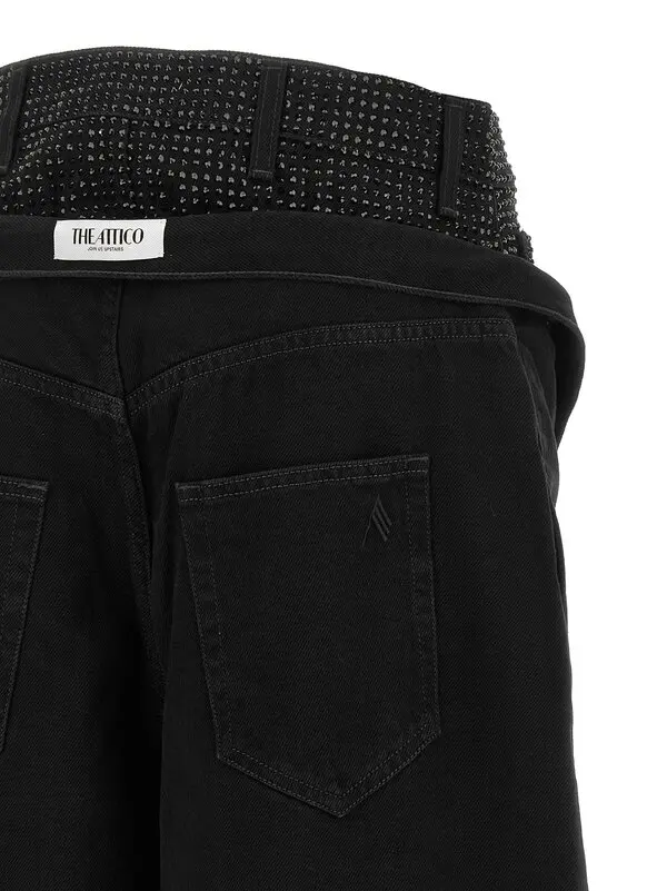 Attico Crystal Embellished Double Waist Wide Leg Cropped Jeans