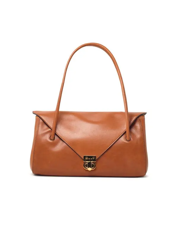 Marni Calfskin Leather Shoulder Bag With Turn Lock Closure - Brown