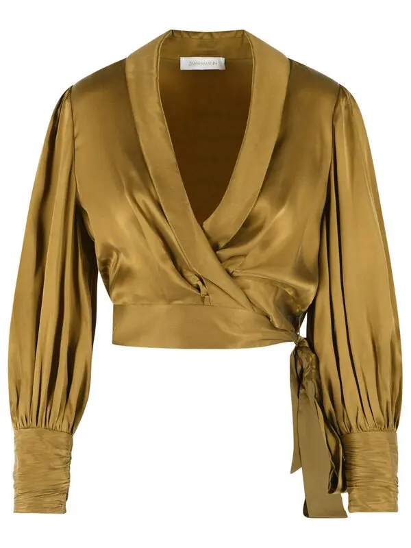 Zimmermann Olive Silk Crop Wrap Blouse With Decorative Drapes And Zip Cuffs - Green