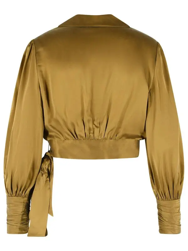 Zimmermann Olive Silk Crop Wrap Blouse With Decorative Drapes And Zip Cuffs - Green
