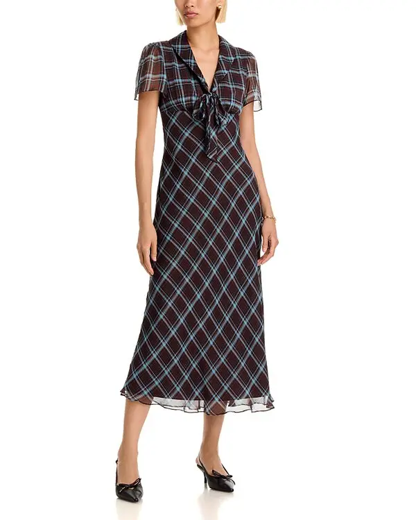 Aqua Plaid Tie Neck Midi Dress