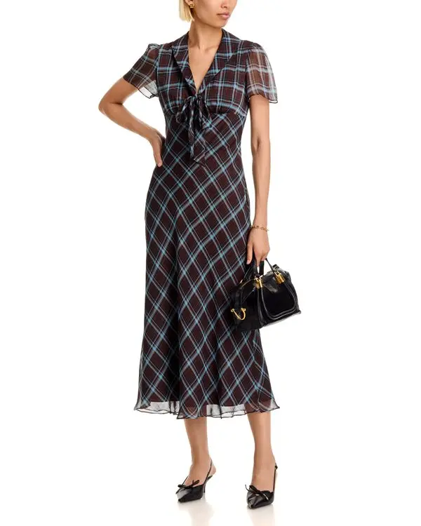 Aqua Plaid Tie Neck Midi Dress