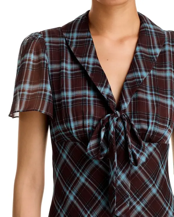Aqua Plaid Tie Neck Midi Dress