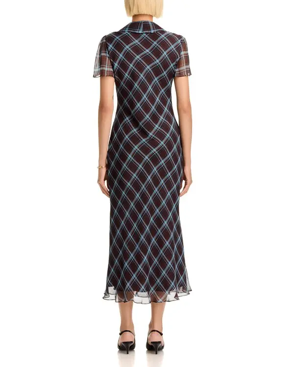 Aqua Plaid Tie Neck Midi Dress