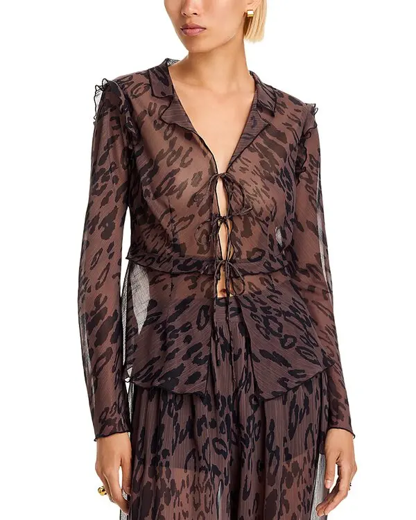 Aqua Animal Print Ruffle Tie Long Sleeve Top