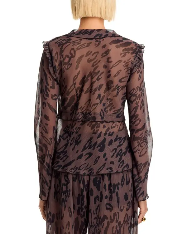 Aqua Animal Print Ruffle Tie Long Sleeve Top