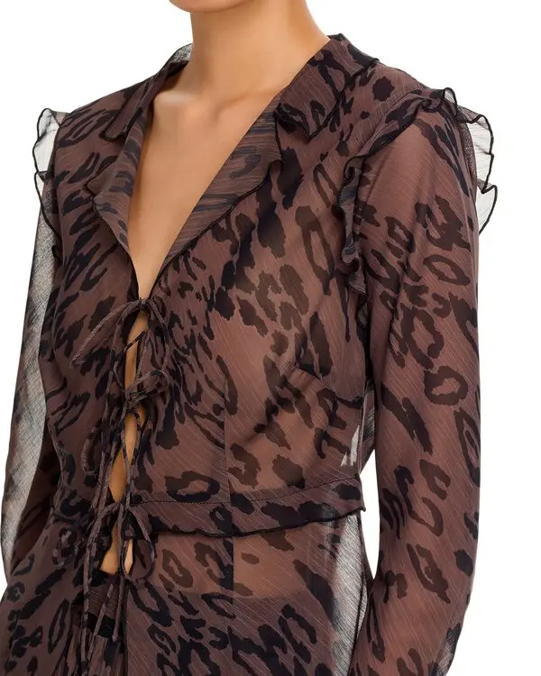 Aqua Animal Print Ruffle Tie Long Sleeve Top