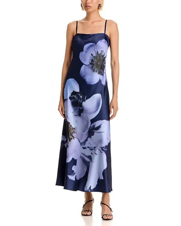 Aqua Oversized Floral Stretch Satin Midi Dress