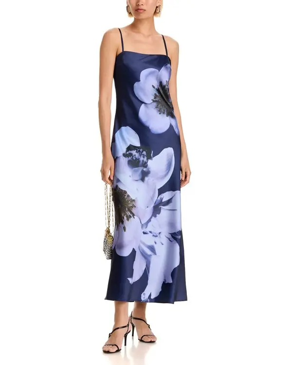 Aqua Oversized Floral Stretch Satin Midi Dress