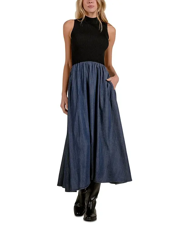Elan Mixed Media Mock Neck Sleeveless Dress - Navy/ Black