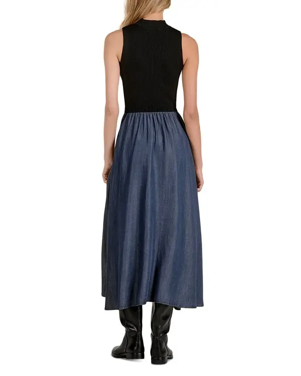 Elan Mixed Media Mock Neck Sleeveless Dress - Navy/ Black