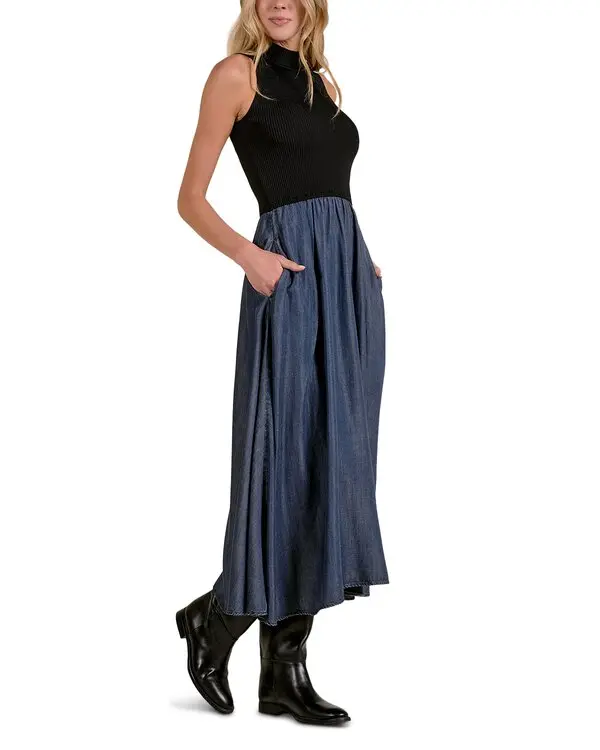 Elan Mixed Media Mock Neck Sleeveless Dress - Navy/ Black
