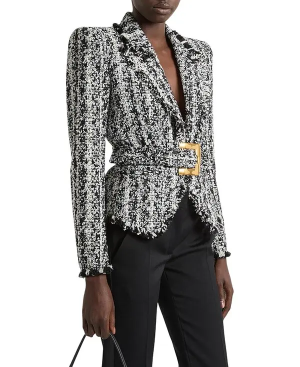Balmain Two-tone Tweed Belted Jacket