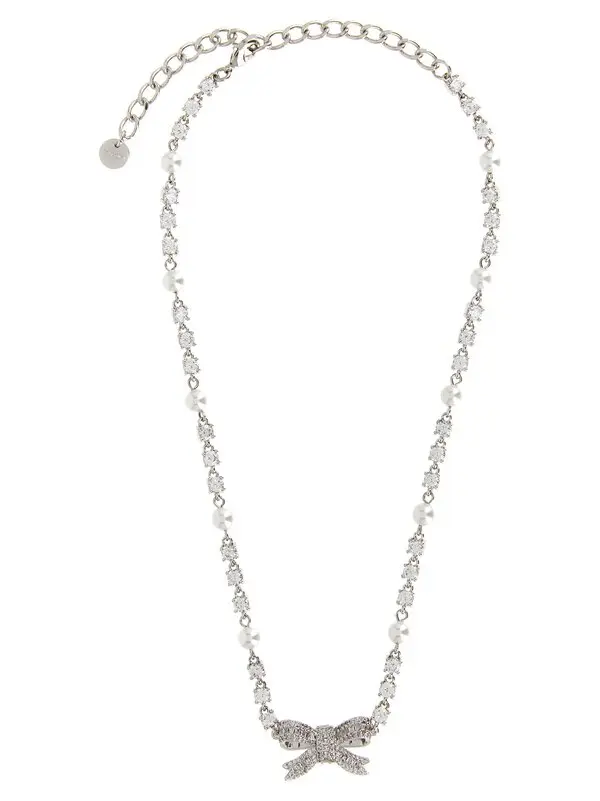 SELF-PORTRAIT Crystal Pearl Bow' Necklace - Silver