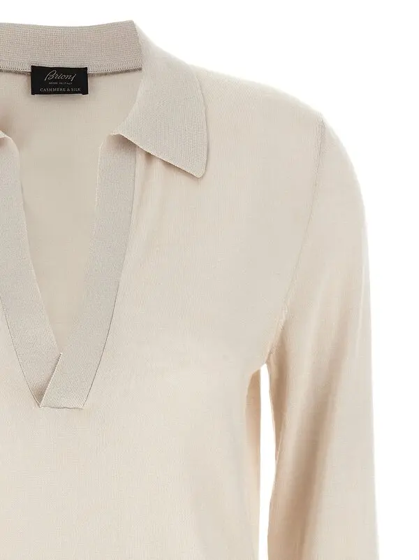 Brioni Cashmere And Silk Blend Polo Shirt - Cream