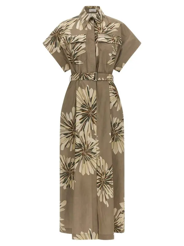 Brunello Cucinelli Floral Print Cotton Poplin Chemisier Dress