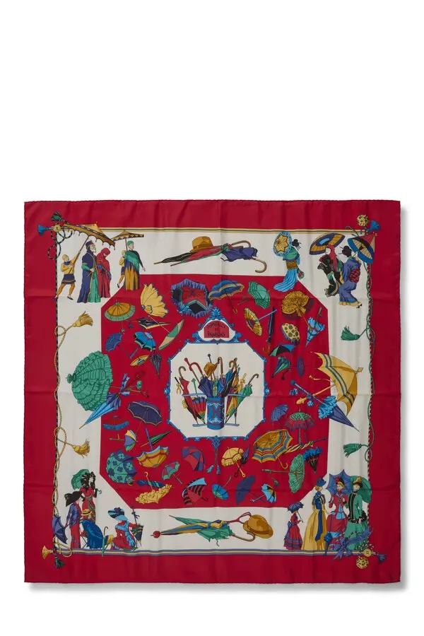 Hermès Multicolor 'ombrelles Et Parapluies' Silk Scarf 90 - Red