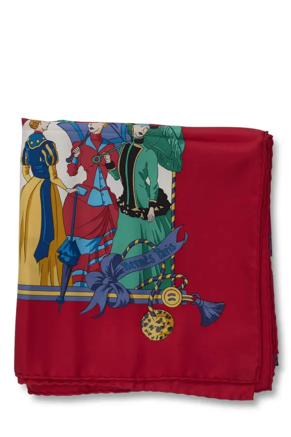 Hermès Multicolor 'ombrelles Et Parapluies' Silk Scarf 90 - Red