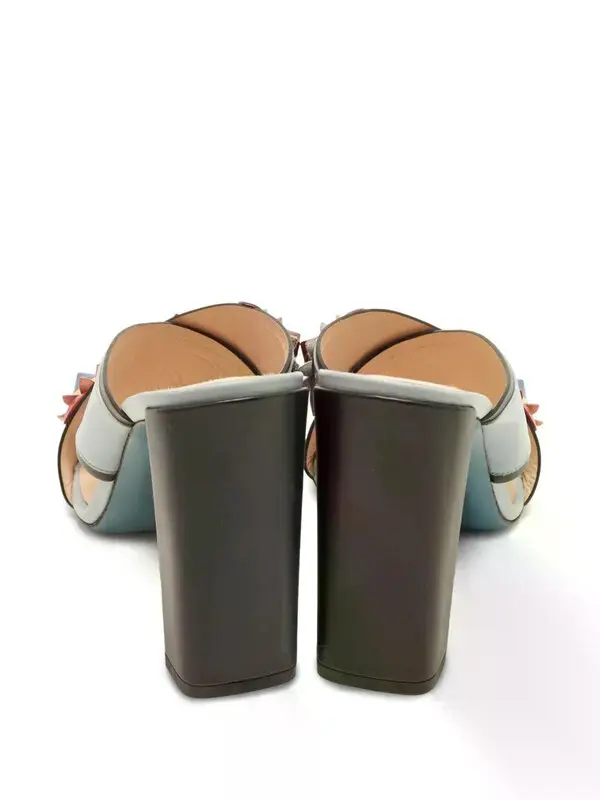 Fendi Leather Floral Embellished Crossover Block Heel Sandals