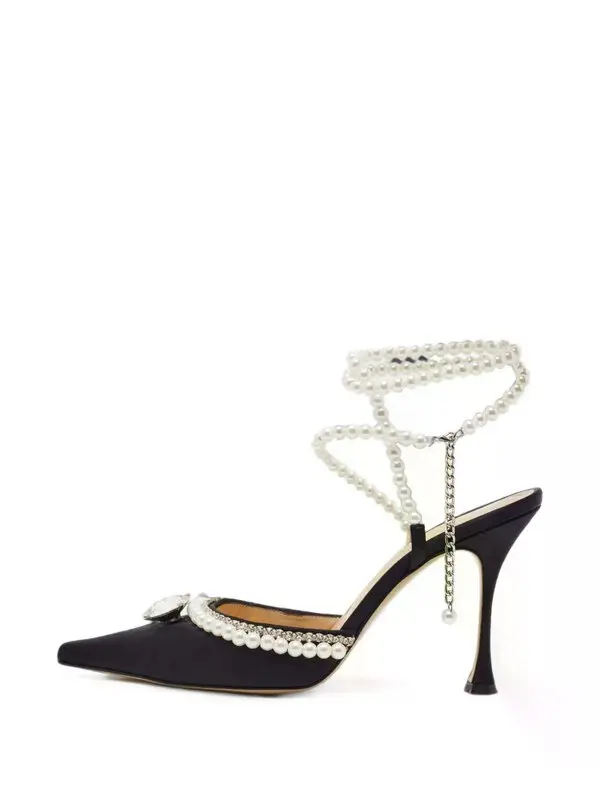 Mach & Mach Satin Pearl & Crystal Embellished Stiletto Pumps - Black