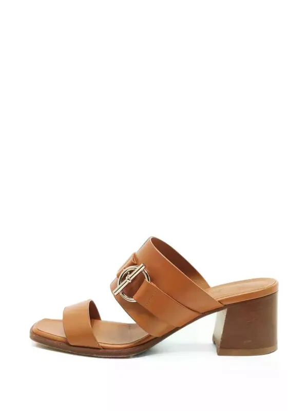 Hermès Buckle Detail Leather Block Heel Sandals - Brown