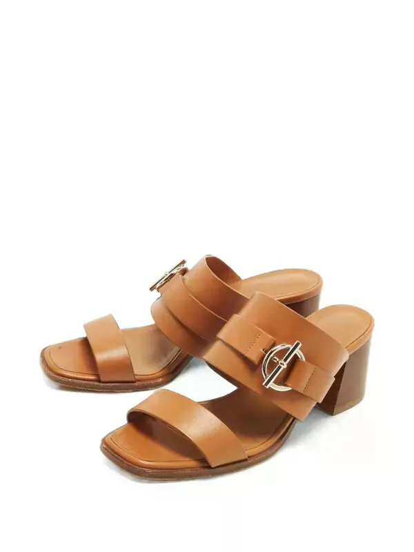 Hermès Buckle Detail Leather Block Heel Sandals - Brown