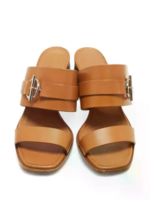 Hermès Buckle Detail Leather Block Heel Sandals - Brown