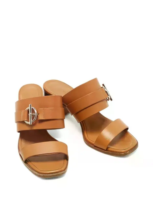Hermès Buckle Detail Leather Block Heel Sandals - Brown