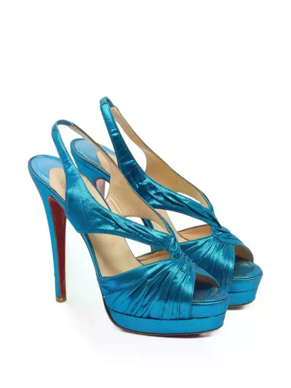 CHRISTIAN LOUBOUTIN Fortuna Metallic Ruched Slingback Platform High Stiletto Sandals - Blue