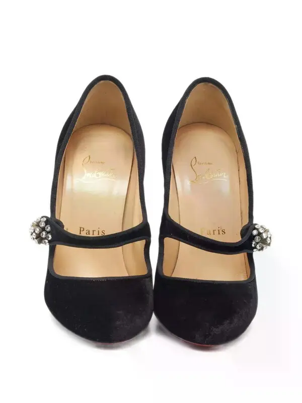 CHRISTIAN LOUBOUTIN Velvet Mary Jane Pumps With Crystal Embellishment And Tiered Metallic Fringe