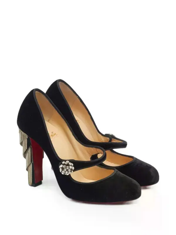 CHRISTIAN LOUBOUTIN Velvet Mary Jane Pumps With Crystal Embellishment And Tiered Metallic Fringe - Black